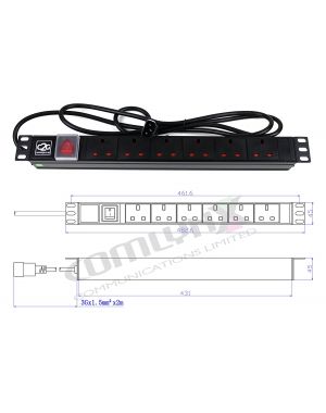 19" 6 Way UK Power Distribution Unit + IEC C14 Plug - Data Cabinets Direct